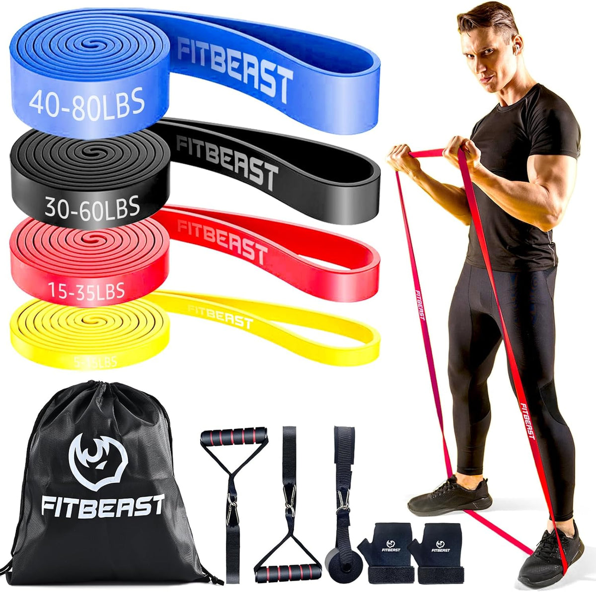 FitBeast Resistance Bands Set, Pull Up Bands with Gloves, Door Anchor,