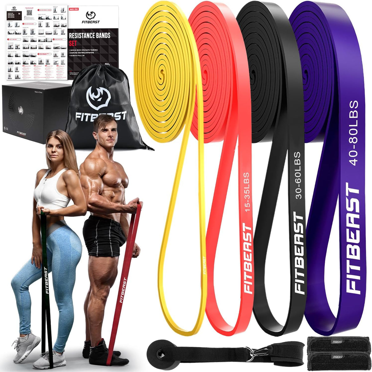 FitBeast Resistance Bands Set, 4 Different Levels, Pull Up Assist Band