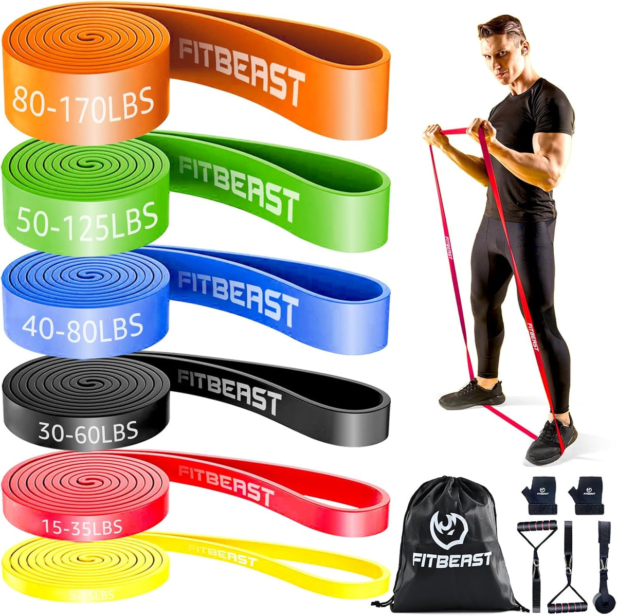 FitBeast Resistance Bands Set, 6 Levels Pull Up Bands with Gloves, Doo