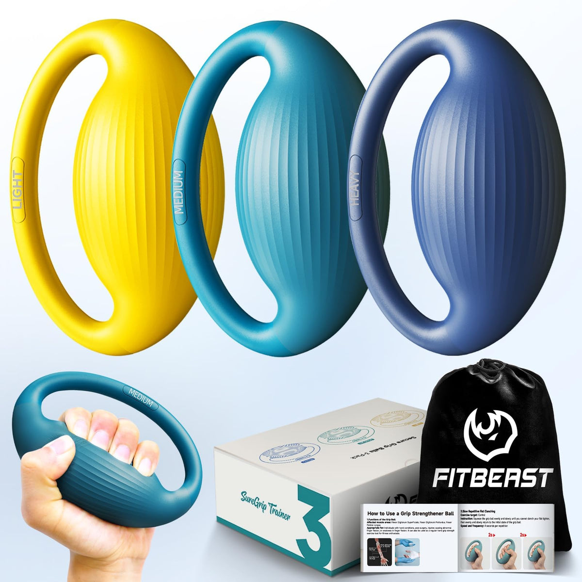 FitBeast Hand Exercise Balls - 3 Resistance Levels Stress Balls for Ad
