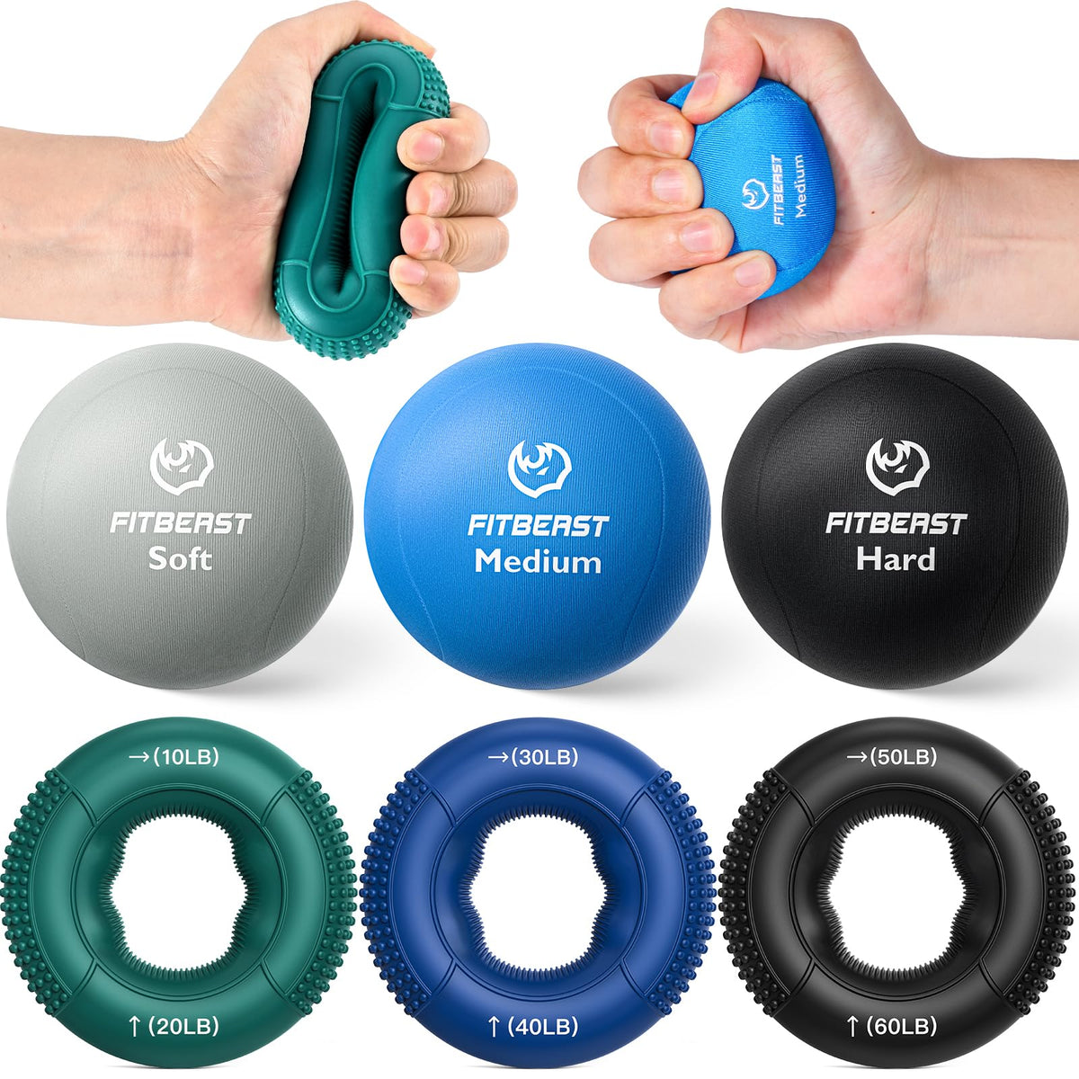FitBeast Grip Strength Trainer, Finger Exerciser, Stress Balls for Adu